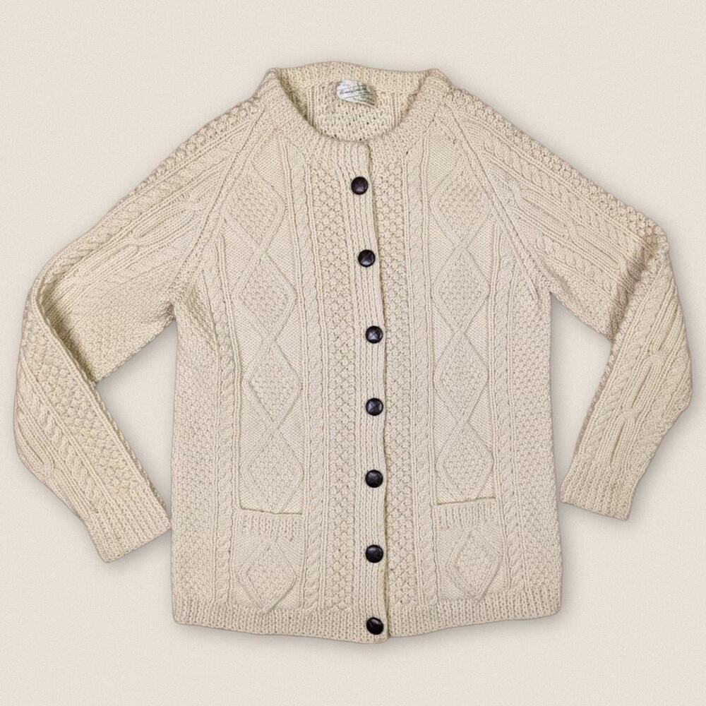 Vintage Chunky 100% Wool Irish Hand Knit Cardigan Swe… - Gem